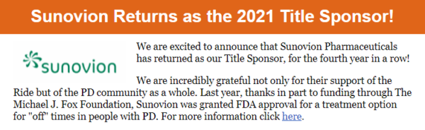 Sunovion Returns as the 2021 Title Sponsor! - New England Parkinson’s Ride